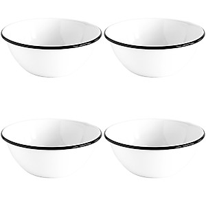 Crow Canyon Enamelware Round Salad Soup Serving Bowl, Classic Tableware - Set of 4 - White Body with Black Rim, 8.5 Inches