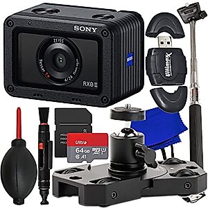 Sony Cyber-Shot DSC-RX0 II Digital Camera + SanDisk 64GB Ultra microSD Memory Card, Portable Mini Metal Camera Dolly, Portable Handheld Monopod/Selfie Stick & More (13pc Bundle)