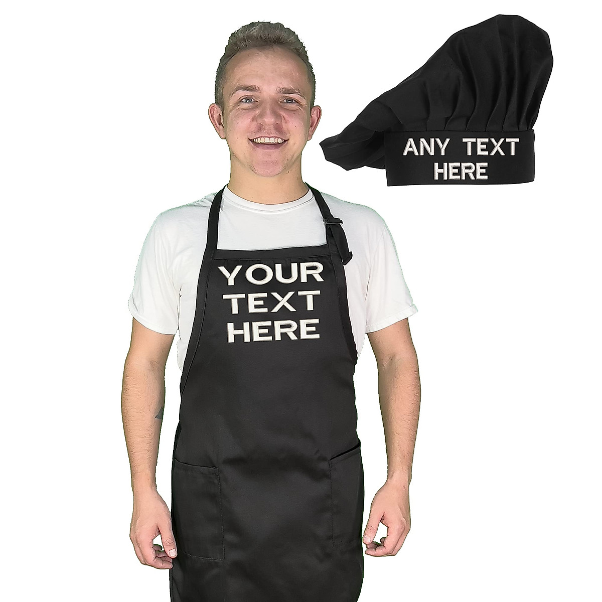 PLACE4PRINT Personalized Chef Apron with Hat Set for chef Embroidered Design - Aprons for Women and Men, Kitchen Chef Apron with 2 Pockets and Long Ties, Adjustable Bib Apron for Cooking, Serving