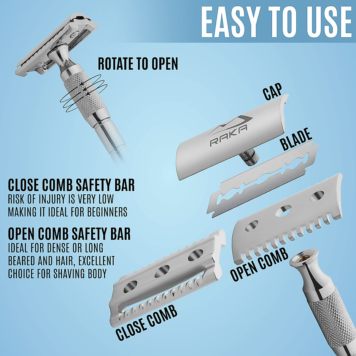 Raka Long Handle Double Edge Safety Razor for Men With Extra Free Open Comb - Twist to Razors, Along 10 stainless Steel Blades better shaving experience, silver, 12 Piece Set