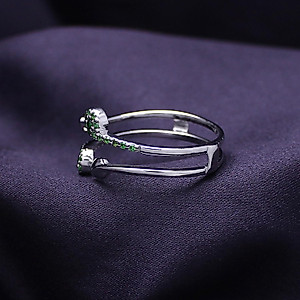 AFFY Round Cut Simulated Emerald Leaf Guard Enhancer Ring in 14k White Gold Over Sterling Silver Ring Size-12