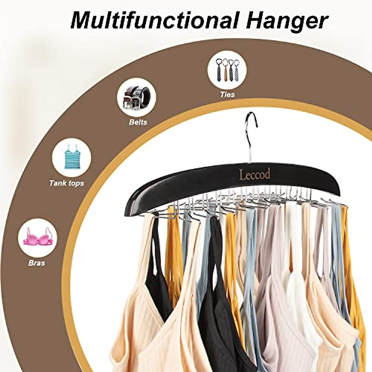 Leccod Upgrade Tank Top Hanger, Bra Hangers Space Saving Wooden 360° Rotating Non-Slip 24 Foldable Metal Hooks Closet Organizer for Camisoles, Bras, Belts, Scarfs(Black,1 Pack)