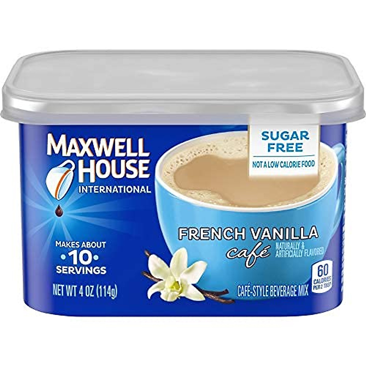 Maxwell House International Sugar Free French Vanilla Cafe Instant Coffee, Caffeinated, 4 Oz Can (Pack-8)