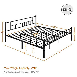 Topeakmart King Size Metal Bed Frame, Platform Bed Frame with Headboard and Footboard/No Box Spring Needed/Steel Slat Support/Under Bed Storage/Black