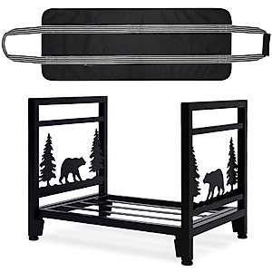 MYFIREPLACEDIRECT Firewood Rack with Log Bag Indoor Fireplace Log Holder Outdoor Wood Storage Log Rack Decorative Heavy Duty Steel Firewood Carrier Stove Bracket Stacking Rack