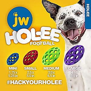 JW Pet Hol-ee Football Dog Toy Puzzle Ball, Natural Rubber, Medium (6.5 Inch Length), Colors May Vary