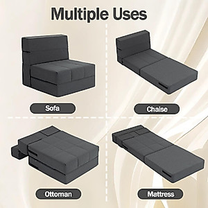 CATMIX Folding Sofa Bed, 7 inch Memory Foam Floor Couch, Convertible Sleeper Foldable Mattress Futon Sofa for Living Room/Home Office/Guest Beds/Apartment/Upstairs Loft, Dark Gray, Single