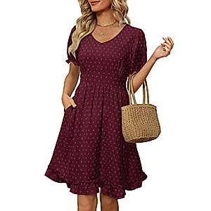 OFEEFAN Ladies Summer Dresses Puff Sleeve Summer Swiss Dot Dress for Women Wine Red L