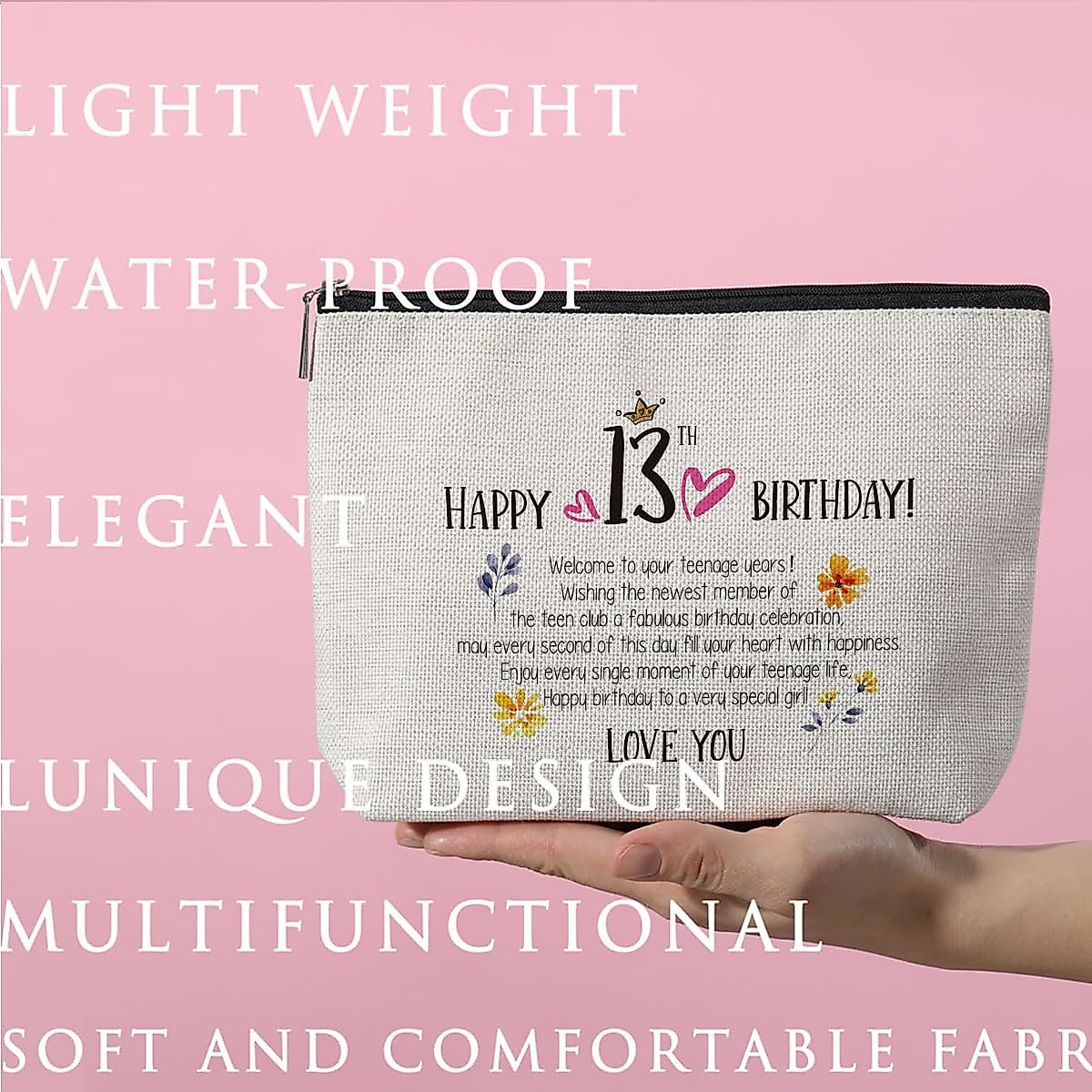 13th Birthday Gifts for Girls Makeup Bag Best Gift Ideas for 13 Year Old Girl Great Teenage Girls Gifts for Her Daughter Granddaughter Sister Bestie Cute Cosmetic Bag Happy Birthday Gift from Mom