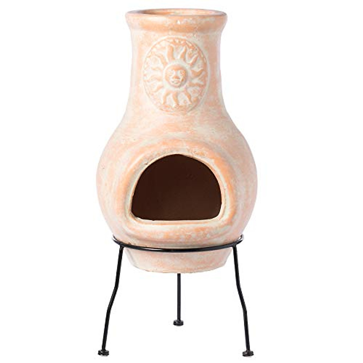 Outdoor Clay Chiminea Sun Design Charcoal Burning Fire Pit with Sturdy Metal Stand