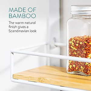 Navaris Over The Door Organizer - Metal and Bamboo Hanging Storage Rack with 2 Shelves and 5 Hooks - Shelf Hanger for Pantry, Bathroom, Closet - White