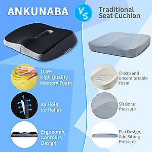 ANKUNABA Seat Cushions for Office Chairs, Large Memory Foam Chair Pad for Coccyx Tailbone Sciatica Back Pain Relief, Orthopedic Butt Pillow for Desk Car Wheelchair Computer Long Sitting (Black)