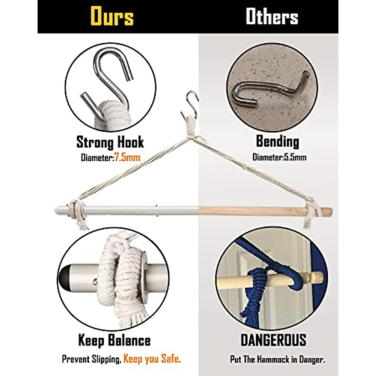 XXL Hammock Chair Hanging Rope Swing with 2 Cushions - Max 500lbs-Perfect for Patio, Porch, Bedroom, Backyard, Indoor or Outdoor - Includes Hanging Hardware Kits