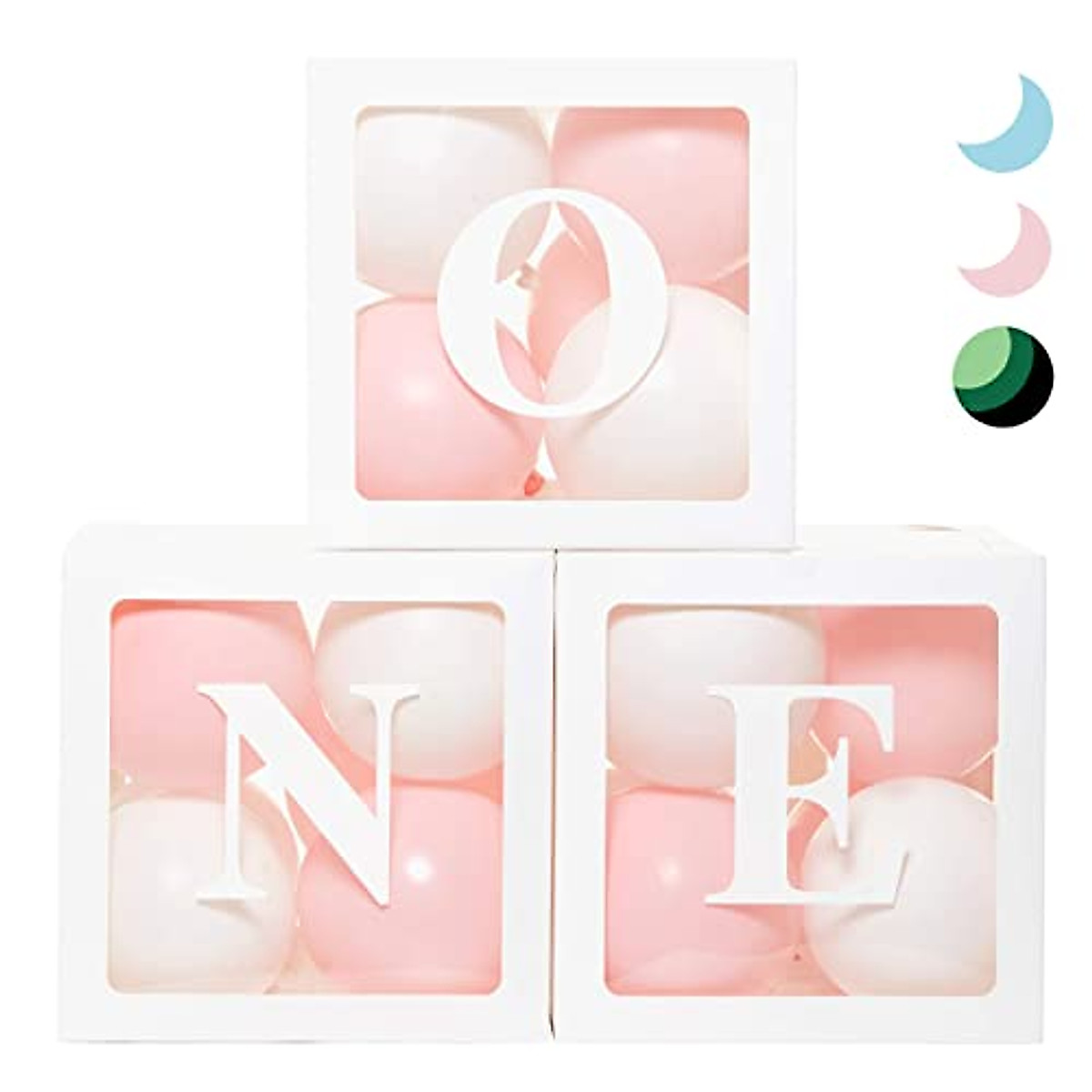 First Birthday Balloon 'ONE' Boxes for Baby Girl WITH 24 Balloons - Baby 1st Birthday Girl Decoration Clear Cube Blocks 'ONE' Letters as Cake Smash Photoshoot Props First Birthday Decorations Backdrop