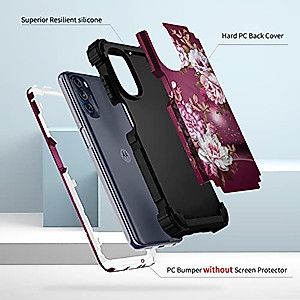 Hocase for Moto G 5G 2022 Case, Shockproof Heavy Duty Protection Soft Silicone Rubber Bumper+Hard Plastic Hybrid Protective Case for Motorola Moto G (2022) with 6.5" Display - Burgundy Flowers
