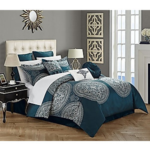 Chic Home CS2687-AN Chic Home 9 Piece Orchard Place Faux Silk Luxury Large Medalion Jacquard with Embroidery Details and Trims Queen Comforter Set Blue