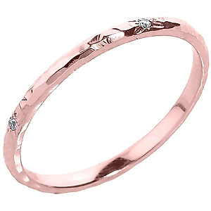 10K Rose Gold Diamond Accented Hammered Stackable Slender Ring with Starburst Engraved Flush Set Gems (J-K Color, I1-I2 Clarity) - Size 6
