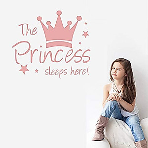 The Princess Sleep Here Crown Stars DIY Removable Peel and Stick Wall Decals with Quote Wall Stickers Decor for Girls Kids Bedroom Nursery Birthday Party Favor