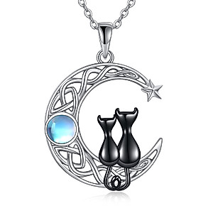 VONALA Celtic Moon Cat Necklace for Women Sterling Silver 2 Black Cat Jewelry Women Two Cat Necklace for Cat Lovers