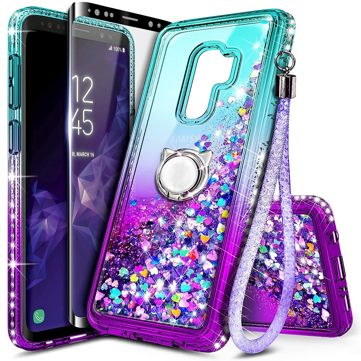 E-Began Case for Samsung Galaxy S9 with Screen Protector (Maximum Coverage, Flexible TPU Film), Ring Holder/Wrist Strap, Glitter Flowing Liquid Girls Women Kids Cute Case (Aqua/Purple)