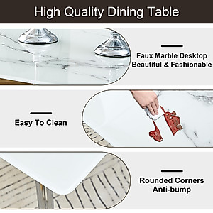 HMFULE 51" Modern Rectangle Imitation Sintered Stone Dining Table has 0.3 Inch Thick Glass Tabletop and Silver Metal Legs Kitchen Table White(Only Table)
