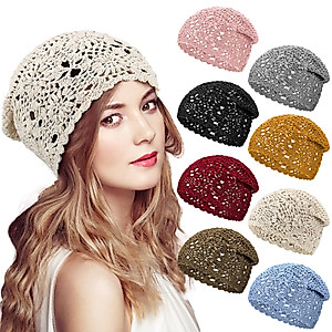 Jiuguva 8 Pcs Crochet Slouchy Beanie Hat Handmade Knit Floral Skull Cap Breathable and Lightweight Stretchy Knitted Cutout Summer Cotton Hat for Women