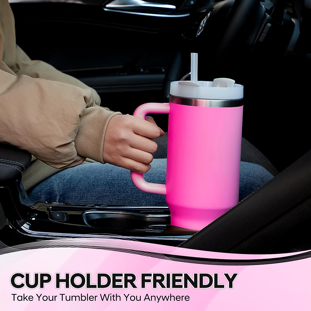 Samtrade Drinking Cup, Stainless Steel Insulated Tumbler with Handle (40oz) - 100% Leak-Proof Friendly Travel Mug, Pink, YX-T40