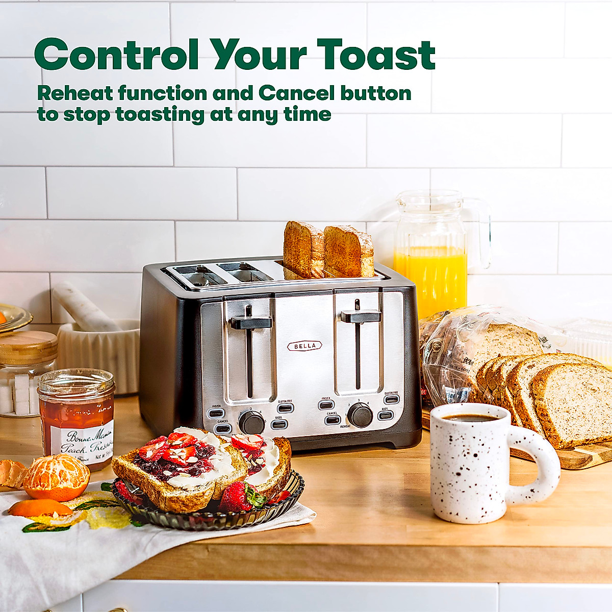 BELLA 4 Slice Toaster with Auto Shut Off - Extra Wide Slots & Removable Crumb Tray and Cancel, Defrost & Reheat Function - Toast Bread & Bagel, Black