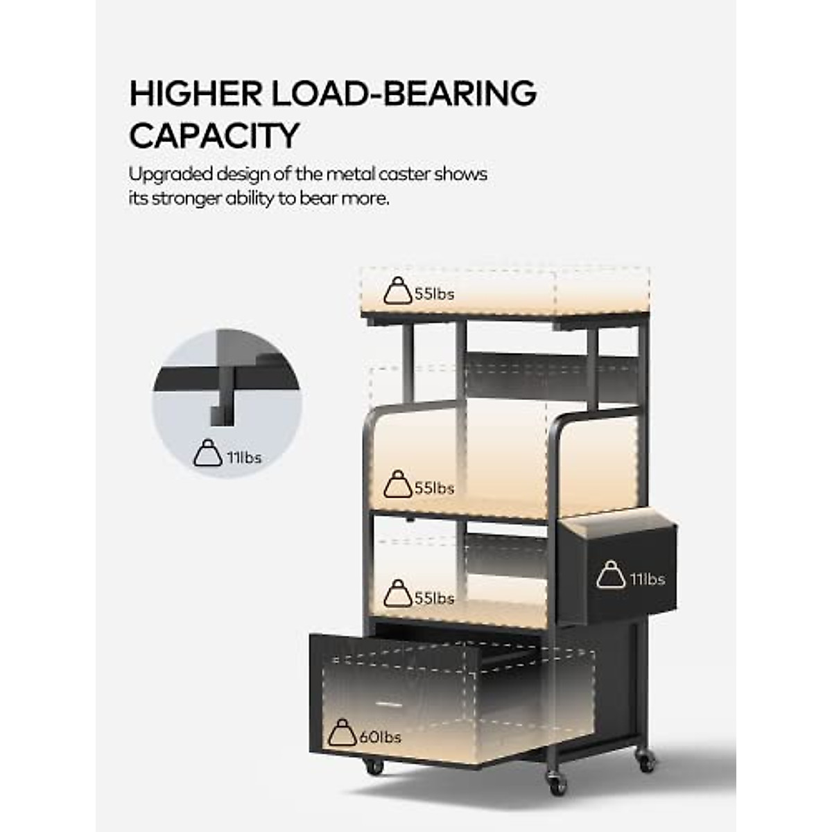 Bealife 3 Tier Home Office Printer Stand with Drawer,Side Canvas Bag, Metal Hook, Tall Mobile Printer Rack Cart with Ample Storage Space, Durable Lockable Casters, Multifunctional in Use - Black