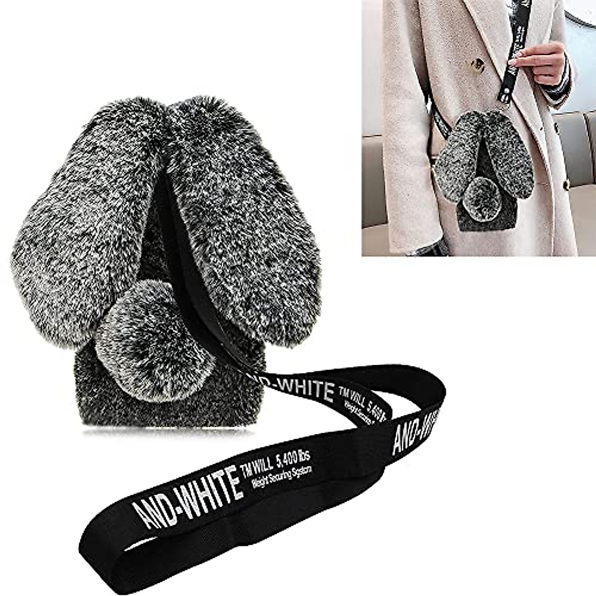 Jorisa Plush Rabbit Case for Oneplus Nord N100,Cute Furry 3D Bunny Ears Hairball Winter Warm Soft Fluffy Fuzzy Girls Women Cover with Crossbody Shoulder Strap Neck Lanyard Case,Dark Gray