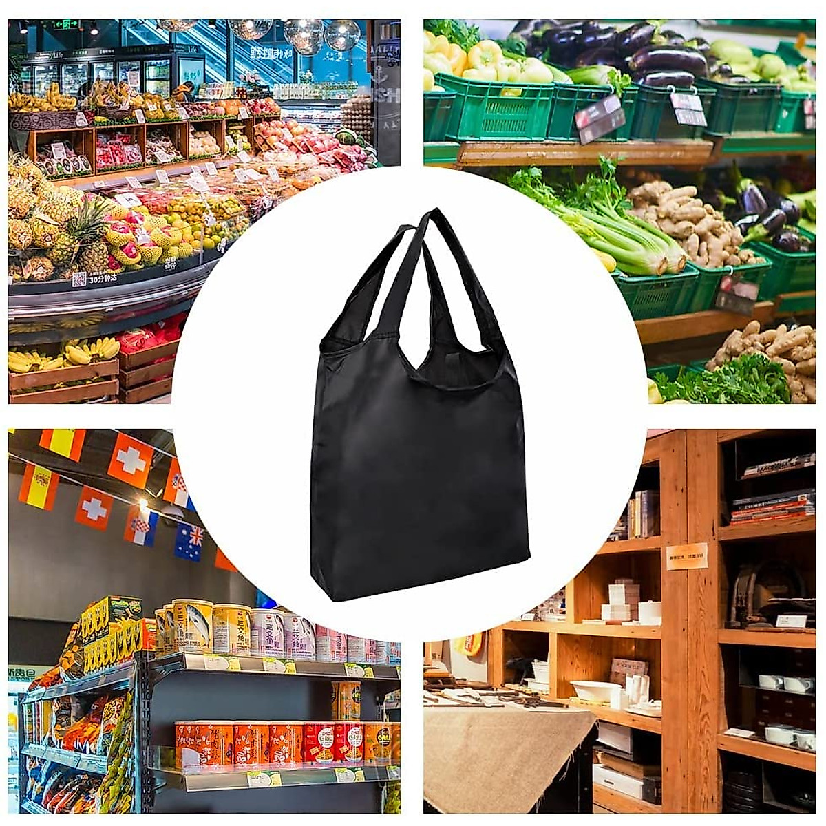 Aricsen 5 Pack Reusable Foldable Grocery Tote Bags, Black