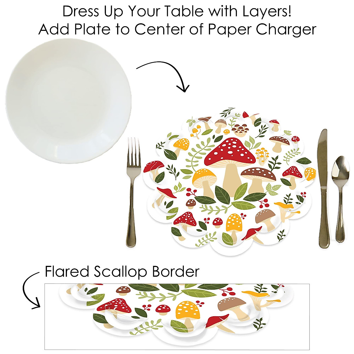 Big Dot of Happiness Wild Mushrooms - Red Toadstool Party Round Table Decorations - Paper Chargers - Place Setting For 12