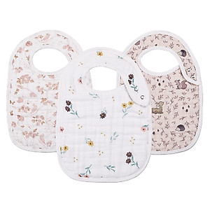 Snap Muslin Bibs for Girls, 3-Pack Baby Bibs for Infants, Newborns and Toddlers, 100% Cotton Muslin Absorbent & Soft Layers, Adjustable Snaps,"Spring"