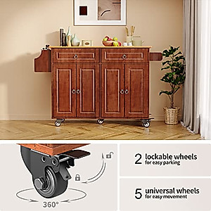 Aiho Kitchen Island Cart with Storage, 52’’ Mobile Carts with Rolling Kitchen Table with Towel Rack, Spice Rack, Drawer, Large Storage Cabinet, Brown