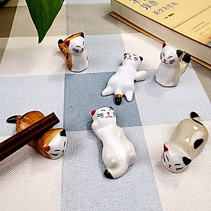 Pack of 6 Lovely Lucky Cat Porcelain Knife Rests Chopstick Rest set Ceramic Tableware Rest Set Ornament (Lucky Cat Set+Spoon)