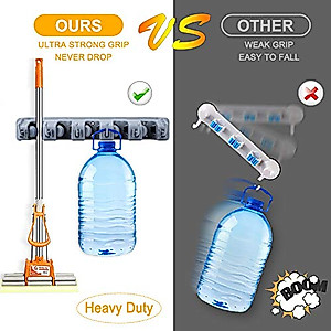 Feir Mop Broom Holder Wall Mounted Kitchen Hanging Garage Utility Tool Organizers and Storage Rack For Commercial Bathroom Laundry Room Closet Gardening (Grey)