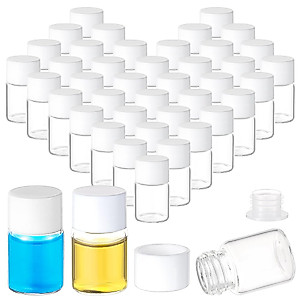 BENECREAT 60Pcs 5ml/0.17oz Clear Glass Vials Small Liquid Sample Vial with White Plastic Screw Caps Portable Bottles Vials for Essential Oil Preservation Sample Capture Storage/Aromatherapy