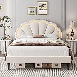 HIFIT Full Upholstered Smart LED Bed Frame with Adjustable Elegant Flowers Headboard, Platform Bed Frame Full Size with Wooden Slats Support, No Box Spring Needed, Easy Assembly, Beige