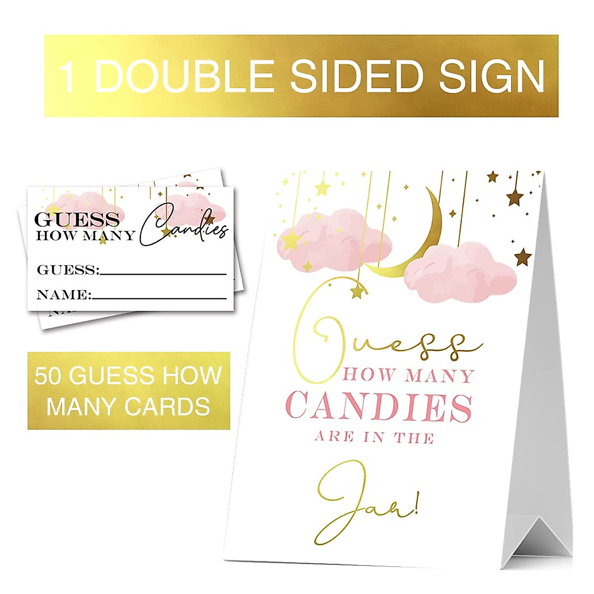 Guess How Many Candies Baby Shower Games, Pack of 1 Logo and 50 Cards, Golden Star and Moon, Pink Cloud, Baby Shower Signs, Baby Shower Invitation Set, Bridal Shower Sign, Gender Reveal - JRM309