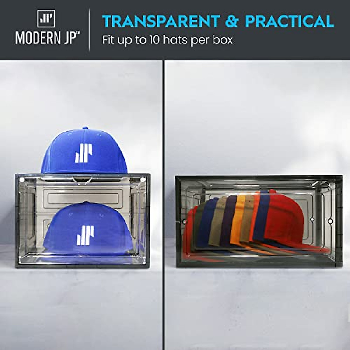 Modern JP Hat Organizer for Baseball Caps (2-Pack) - Transparent Hat Display, Premium Hat Storage Box - Quick Assembly Hat Rack Design with Easy Access Magnet Door, Black