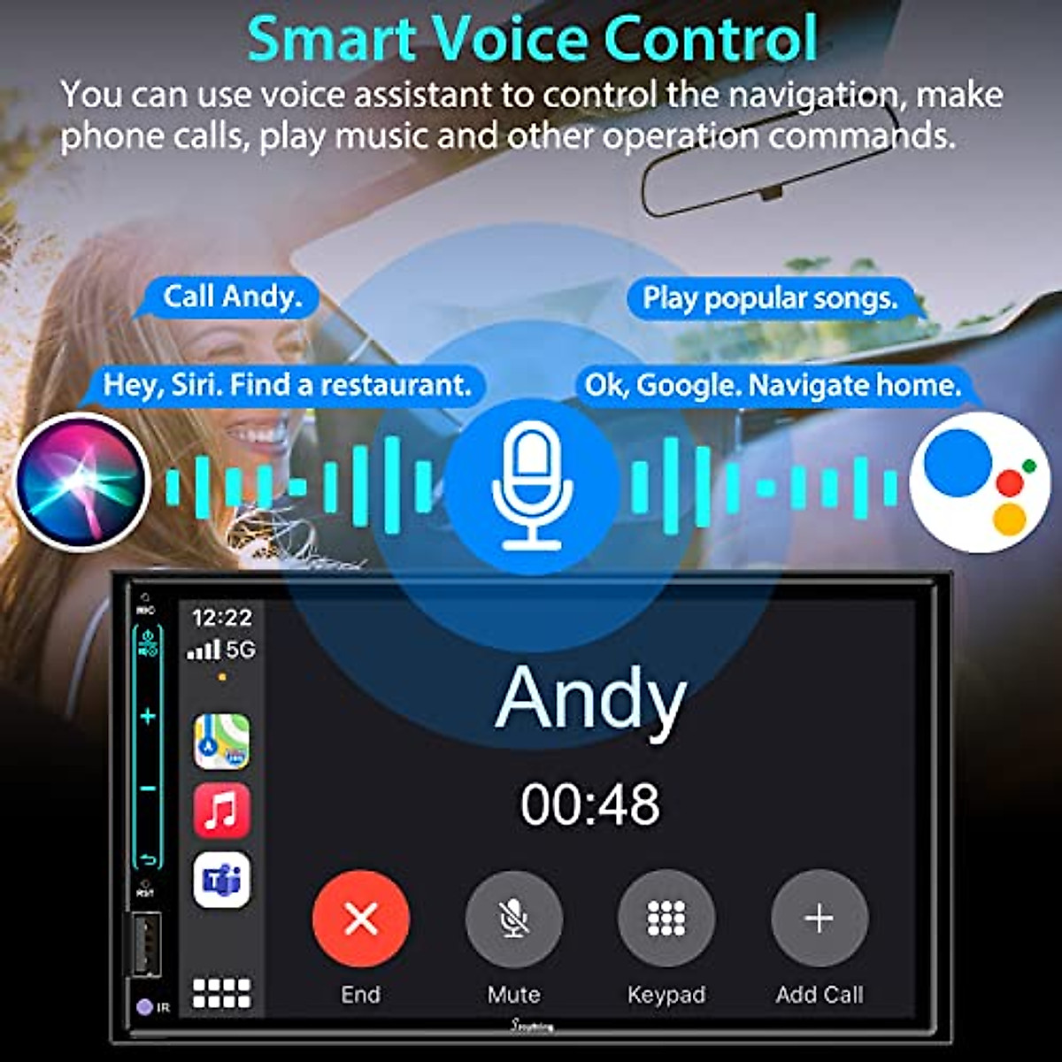 Double Din Car Stereo with HD IPS Screen, Carplay, Android Auto, Bluetooth, Mirror Link, AHD Backup Camera, Steering Wheel Controls, Subwoofer, AM/FM, 7" Car Radio Receiver