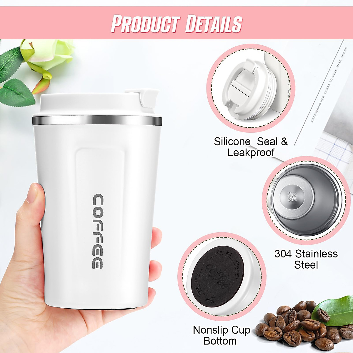 Sieral 4 Pieces 13 oz Insulated Coffee Travel Mug with Leakproof Lid Stainless Steel Coffee Cup Portable Tumbler Reusable Coffee Mugs for Coffee Milk Hot Cold Tea Beer (White)