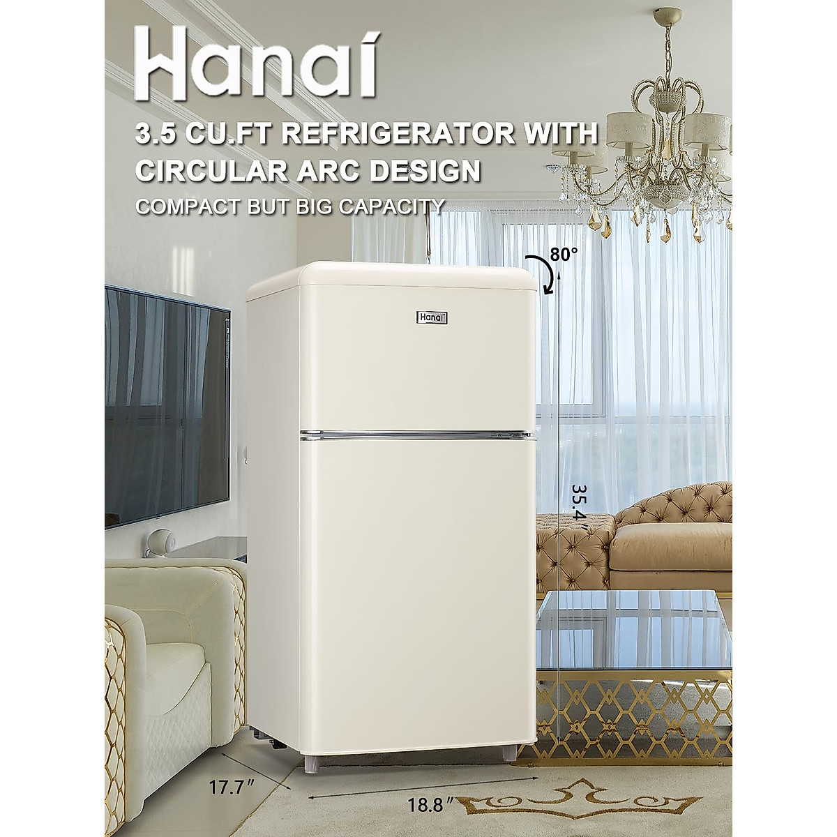 WANAI Compact Refrigerator 3.5 Cu.Ft Retro Mini Fridge With Freezer 2 Door Mini Refrigerator with 7 TEMP Modes, Removable Shelves, LED Lights, Ideal for Apartment Camper Dorm and Office, Cream