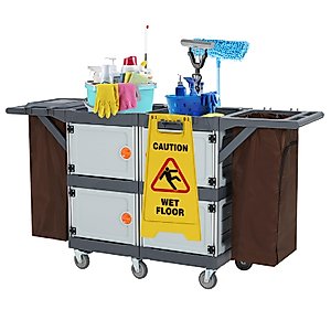 Commercial Janitorial Cart with Cabinet, Hotel Cart Housekeeping Room Service Cart Hand Push Utility Cart