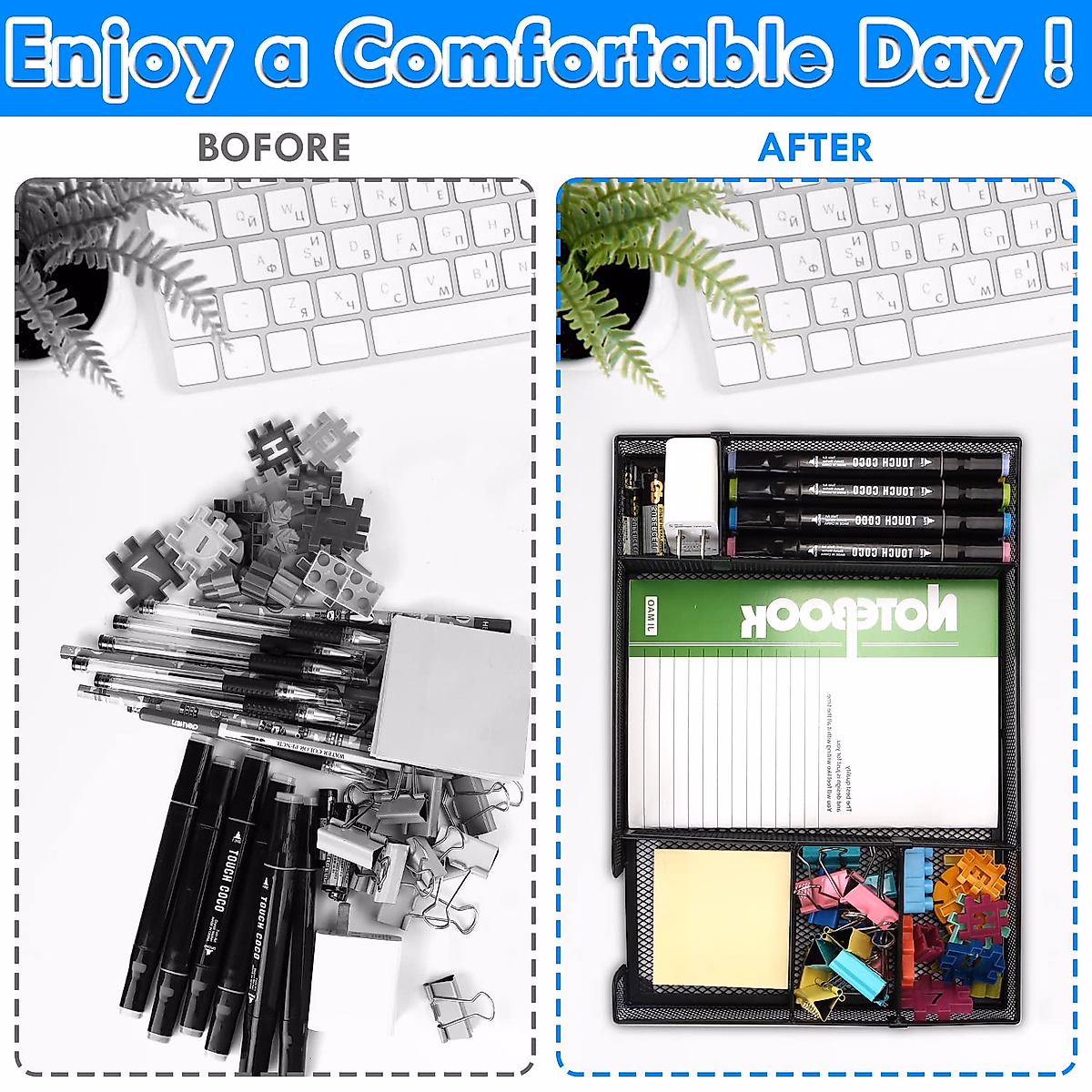 EsOfficce Desk Drawer Organizer Tray with Adjustable Compartments, 6 Grid Metal Mesh Drawer, Multi-use Desk Organizer Storage Box Set for Office,Home,School Supplies, 12.6X9X1.9 inch