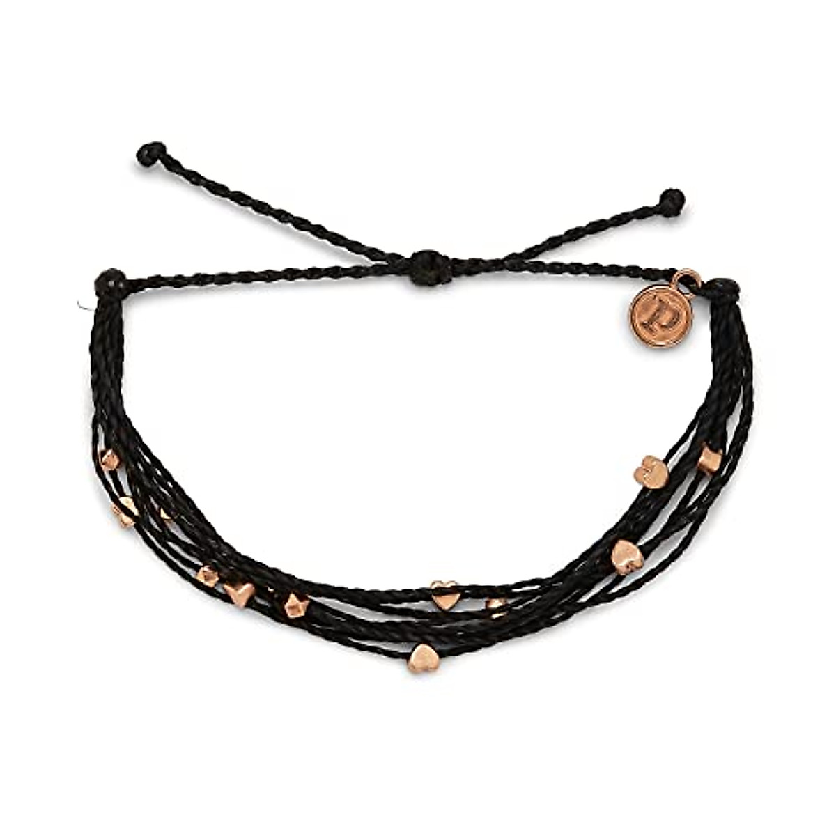 Pura Vida Rose Gold Plated Heart Beads Malibu Bracelet - Adjustable Band, 100% Waterproof, Brand Charm - Black