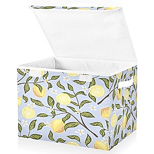 Kigai Lemon Flowers Storage Basket 16.5x12.6x11.8 In Collapsible Fabric Storage Cubes Organizer Large Storage Bin with Lids and Handles for Shelves Bedroom Closet Office