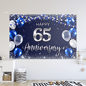Happy 65th Anniversary Backdrop Banner Decor Navy Blue – Silver Glitter Happy 65 Years Wedding Anniversary Party Theme Decorations for Women Men Supplies