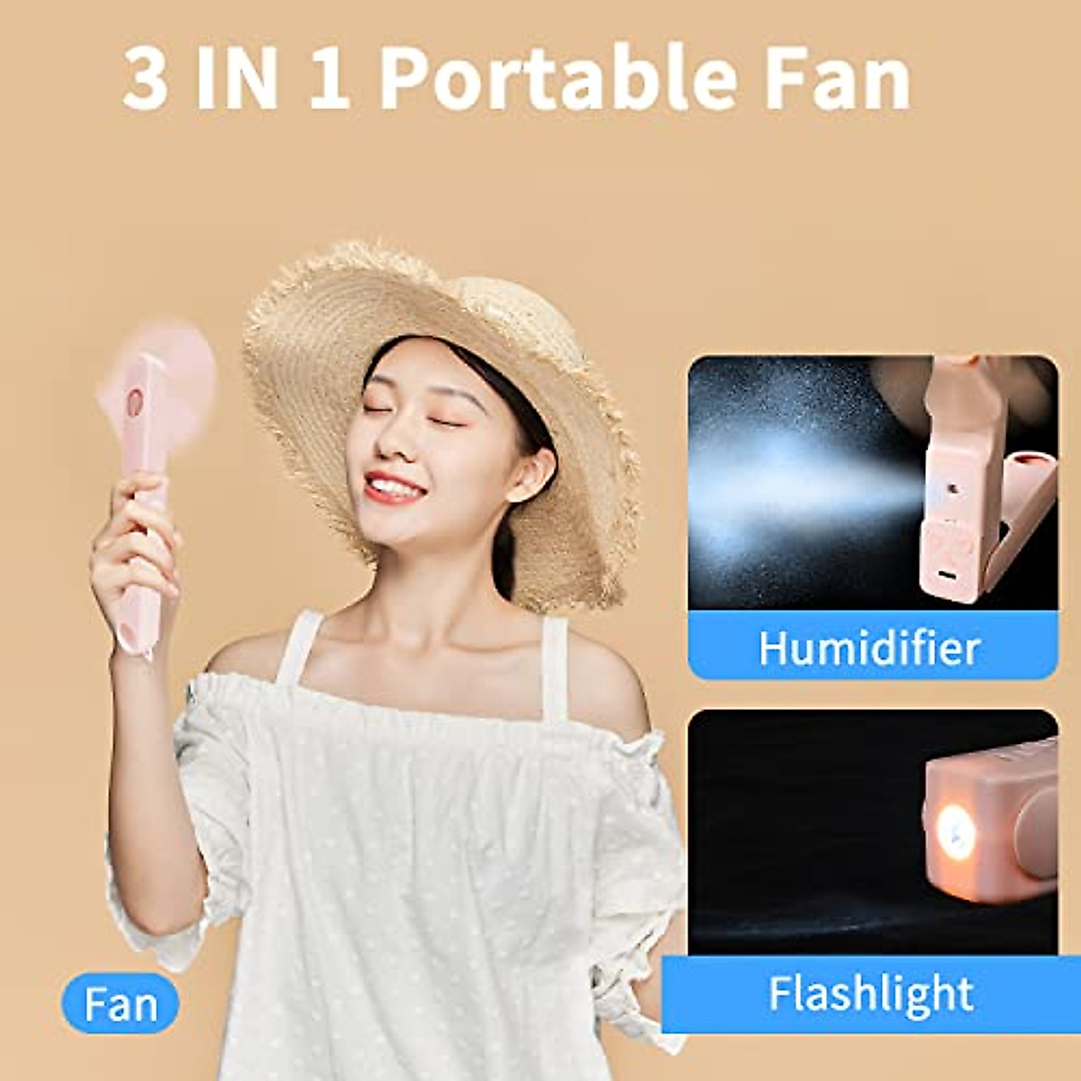 MEIZHOUHU Handheld Misting Fan Folding Pocket Fan Rechargeable Desk Fan Personal Cooling Fan with Flashlight for Home, Travel, Camping (Pink)