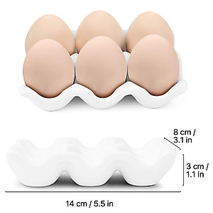 Flexzion Ceramic 6 Cups Egg Tray - Half Dozen Porcelain Egg Holder Container Keeper Storage Organizer Decorative Serving Dish Serveware for Refrigerator Fridge Countertop Display Kitchen (White)